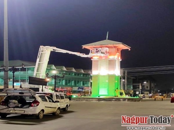 Clock Tower at Srinagar's Lal Chowk illuminated in Tricolour