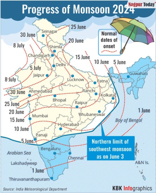 The monsoon's progress- Might reach Nagpur by June 15
